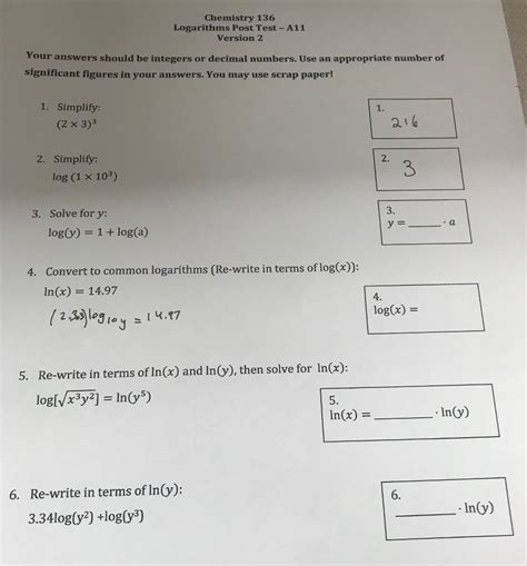 Solved Chemistry 136 Logarithms Post Test A11 Version 2 Chegg Com