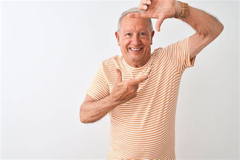 행복한 얼굴로 손과 손가락으로 프레임을 만드는 고립 된 흰색 배경 위에 서있는 줄무늬 티셔츠를 입은 선임 회색 머리 남자 창의력과 사진 개념 T 셔츠에 대한 스톡 사진 및