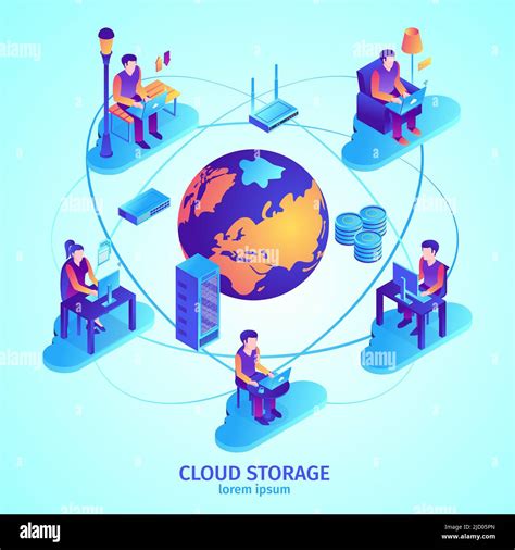 Isometric Cloud Service Composition With Editable Text And Earth Globe Surrounded By Computer