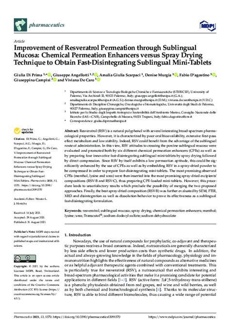 Pdf Improvement Of Resveratrol Permeation Through Sublingual Mucosa Chemical Permeation