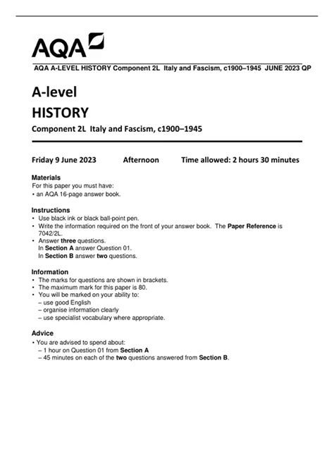 Bundle AQA A Level HISTORY L Component L Italy And Fascism C Question Paper