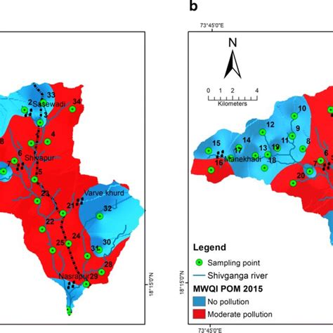 a spatial variation in mwqi in prm season b spatial variation in mwqi