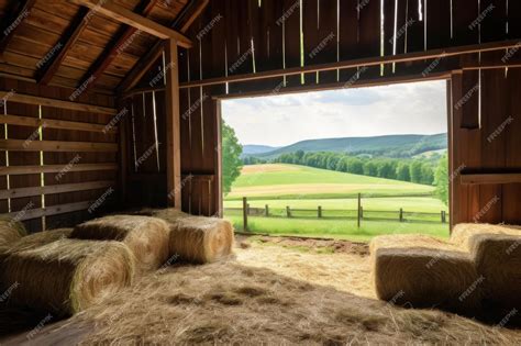 Premium AI Image | Tangle of bales of hay in rustic barn with view of the countryside created ...