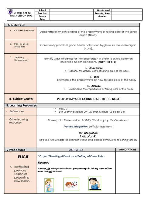 7es Lesson Plan Sample Lp Lkj Grades 1 To 12 Daily Lesson Log
