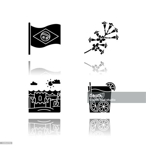 브라질 드롭 그림자 검은 색 문하 아이콘 세트 국기 플루메리아 카이피리냐 해안에 모래 성 입파나무 전통 칵테일 오션 비치 공백에 대한 격리된 벡터 그림 0명에 대한 스톡