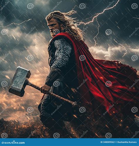 Thor Wielding Mjolnir Amidst A Thunderstorm Stock Illustration Illustration Of Heroic