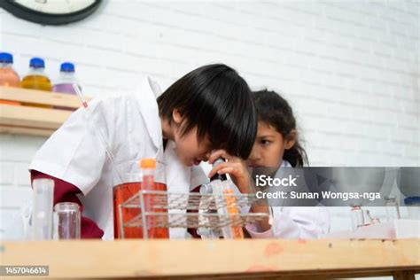 과학 교실에서 어린 소년과 소녀 체계적인 사고 추론 관찰 데이터 수집 과정의 기초입니다 처리를위한 분석 2명에 대한 스톡 사진