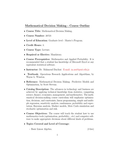 Mathematical Decision Making Course Outline Pdf Mathematics