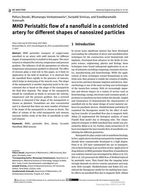 Pdf Mhd Peristaltic Flow Of A Nanofluid In A Constricted Artery For