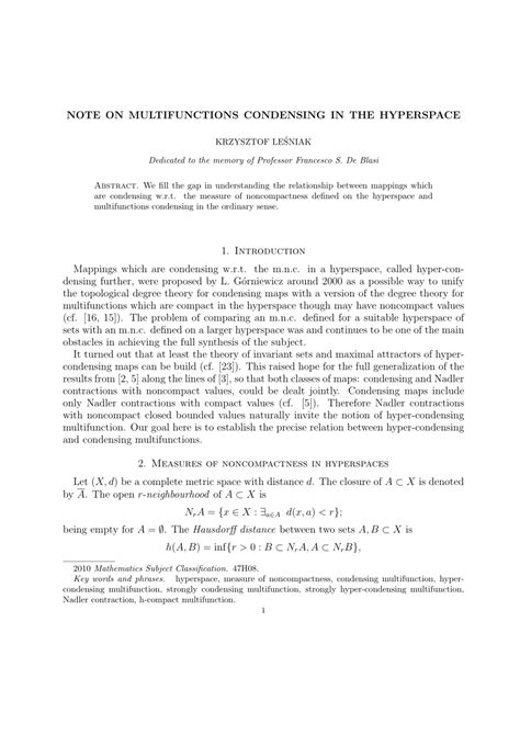 Pdf Note On Multifunctions Condensing In The Hyperspace