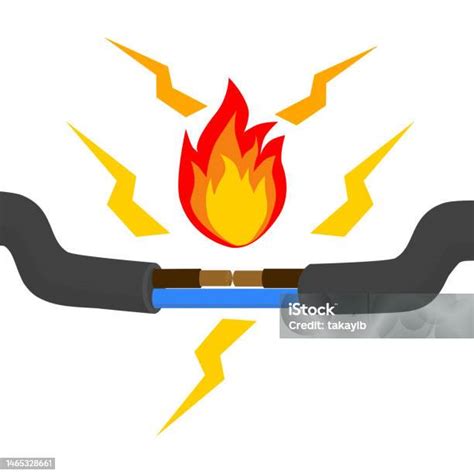 와이어가 타고 있습니다 화재 배선 손상된 케이블에 결함이 있습니다 과부하로 인한 화재 전기 안전 개념 단락 전기 회로 전기 연결이 끊어졌습니다 갈색에 대한 스톡 벡터 아트