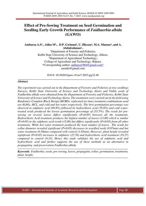 Pdf Effect Of Pre Sowing Treatment On Seed Germination And Seedling Early Growth Performance