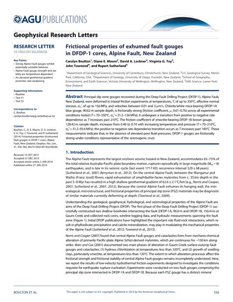 Pdf Frictional Properties Of Exhumed Fault Gouges In Dfdp 1 Cores Alpine Fault New Zealand
