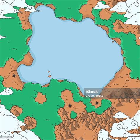 지형과 경로가 있는 손으로 그린 해적 보물 지도 중세 여행자의 노선도 숲 호수 강 산 도로가 어린이 지도에 표시됩니다 어린이
