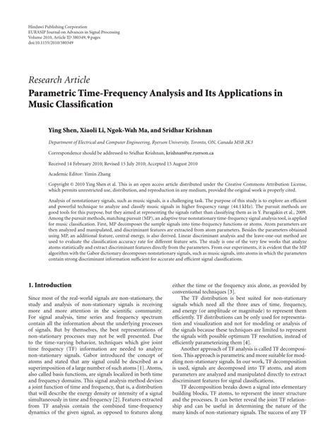 Pdf Parametric Time Frequency Analysis And Its Applications In Music Classification