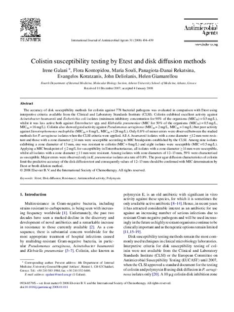 Pdf Colistin Susceptibility Testing By Etest And Disk Diffusion Methods