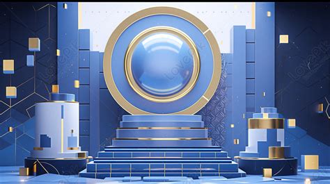 3d 렌더링의 금색과 파란색 연단에 기하학적 구성 블루 골드 배경 연단 배경 금색 배경 이미지 Hd 블루 골드 연단 금색 배경 사진 무료 다운로드 Lovepik
