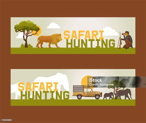 사파리 사냥 세트 배너 벡터 일러스트 레이 션의 총 쌍안경 지프 자동차 등의 사냥꾼 액세서리와 식물을 나무로 하는 자연의 차량 일몰 헌터를 보고 사자 사파리 여행에 대한