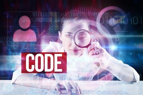 Premium Photo The Word Code And Businesswoman Typing And Looking Through Magnifying Glass