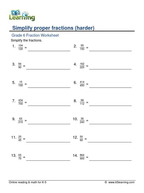 Grade 6 Simplifying Fractions Hard D Pdf