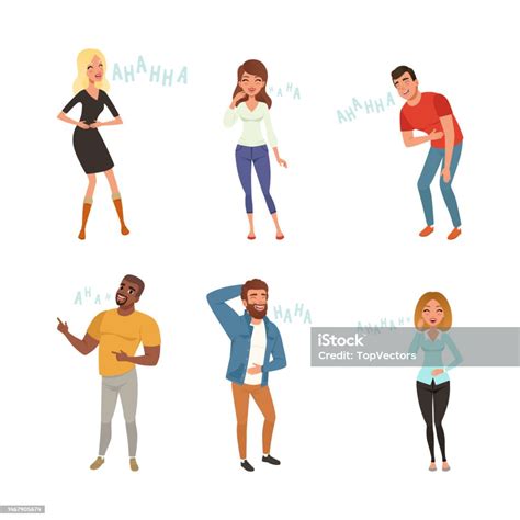 다양한 사람들이 큰 소리로 웃고 있습니다 행복 한 기쁨 남자와 여자 긍정적인 감정을 느끼는 벡터 일러스트 레이 션 감정에 대한