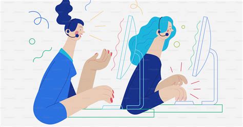 비즈니스 주제 콜센터 플랫 스타일의 현대적인 윤곽이 그려진 벡터 개념 그림 헤드셋을 착용한 두 명의 젊은 여성이 전화로 고객과 이야기하고 있습니다 비즈니스 은유