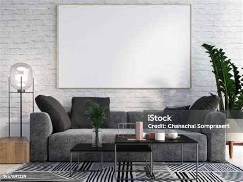 현대적인 인테리어 거실 나무 바닥 콘크리트 벽 배경 스칸디나비아 스타일 로프트 스타일 3d 렌더링의 포스터 프레임 조롱 0명에 대한 스톡 사진 및 기타 이미지 Istock