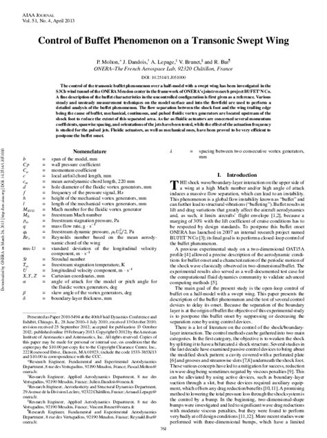 Pdf Control Of Buffet Phenomenon On A Transonic Swept Wing