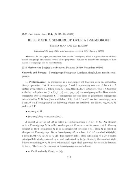 Pdf Rees Matrix Semigroup Over A Γ Semigroup