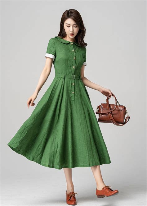 Green Linen Dress Linen Midi Shirt Dress Fit And Flare Dress Swing Long Linen Dress Womens