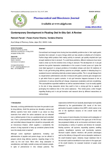 Pdf Contemporary Development In Floating Oral In Situ Gel A Review