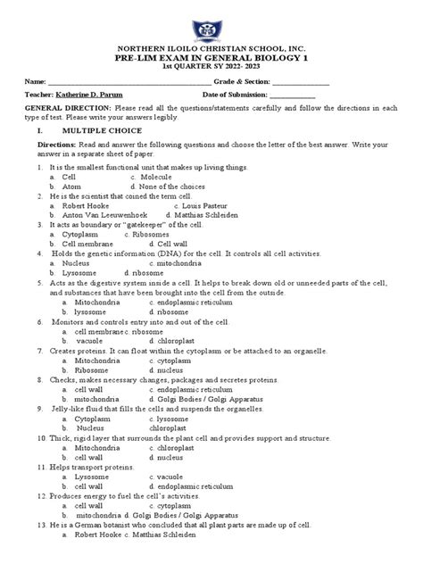 General Biology 1 Quarter 1 Exam Pdf Meiosis Cell Biology