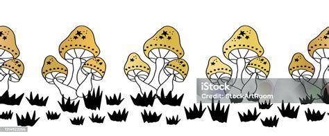 원활한 벡터 테두리 황금 곰팡이 라인 아트 버섯 메탈릭 골드 호일 텍스처 수평 반복 패턴 풋 헤더 칸막이 배너 리본 덕트 테이프에 사용합니다 가을에 대한 스톡 벡터 아트 및