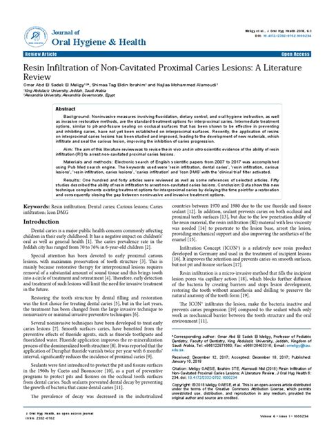 Resin Infiltration Of Noncavitated Proximal Caries Lesions A Literature Review Pdf Tooth