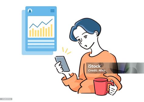 스마트폰으로 자산 상태를 확인하는 사람의 그림 온라인으로 투자 및 저축 관리 스마트폰 보기 Brand Name Smart Phone에 대한 스톡 벡터 아트 및 기타 이미지