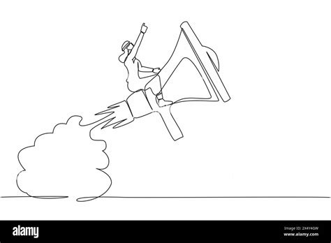 Single One Line Drawing Arabian Businessman Riding Megaphone Rocket