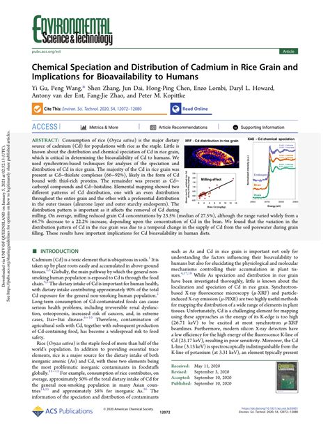 Pdf Chemical Speciation And Distribution Of Cadmium In Rice Grain And