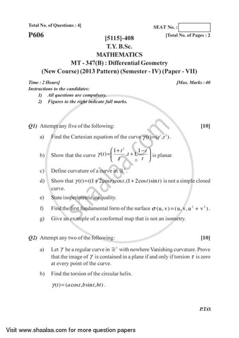Differential Geometry B Sc Mathematics Semester TYBSc Pattern Question Paper