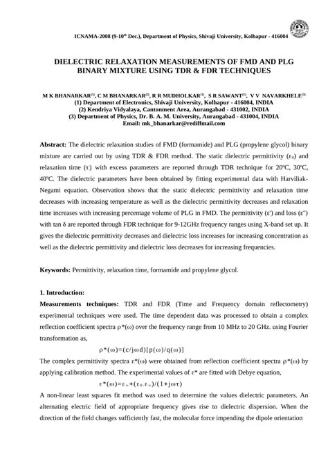 Pdf Dielectric Relaxation Measurements Of Fmd And Plg Binary Mixture Using Tdr And Fdr