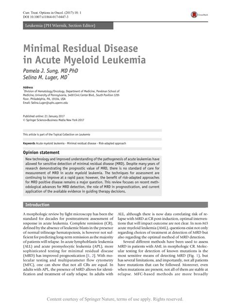 Minimal Residual Disease In Acute Myeloid Leukemia Request Pdf