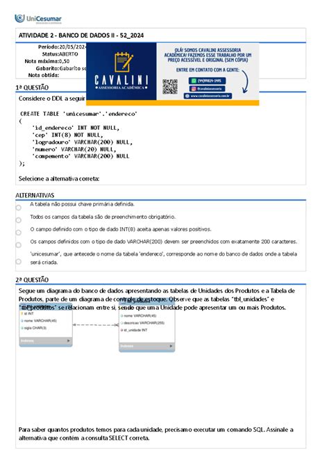 Atividade 2 Banco De Dados Ii 52 2024 Atividade 2 Banco De