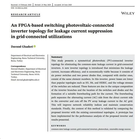 PDF An FPGA Based Switching Photovoltaic Connected Inverter Topology For Leakage Current