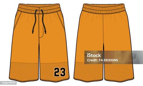 농구 반바지 저지 디자인 플랫 스케치 벡터 일러스트 레이 션은 권투 볼러 축구 배구 테니스 배드민턴 및 대형 액티브 웨어 트레일 반바지 디자인에 대한 전면 및 후면 보기가
