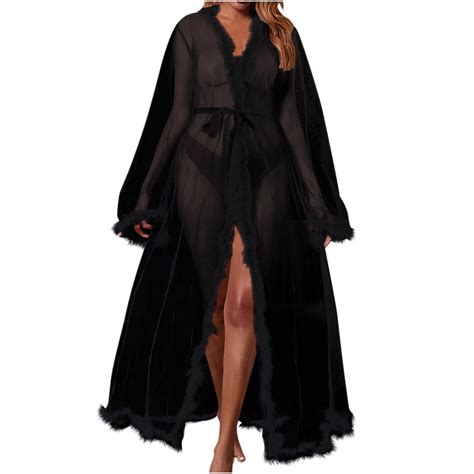 TMOYZQ Women S Plus Size Sheer Mesh Kimono Robe Furry Trim Sexy Babydoll Lingerie Chemise See