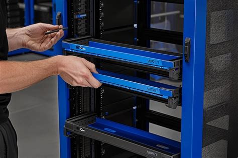 Close Up Of A Technician Installing Server Rack Mounted Storage Drawers Premium Ai Generated Image