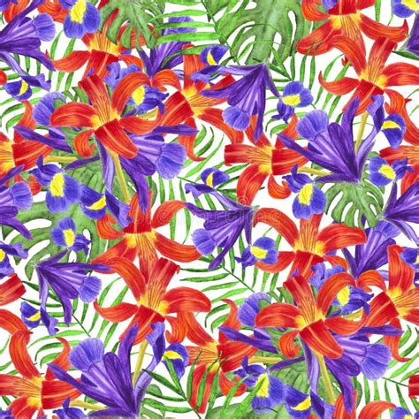Watercolor Flowers Tropical Leaves Seamless Pattern Iris Stock