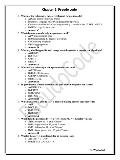 Grade 8 Chapter 1 Pseudocode Worksheet Pdf Control Flow