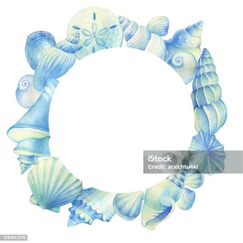배너 수중 생명 물체와 둥근 프레임 푸른 바다 조개 해양 디자인 흰색 배경에 격리 된 수채화 손 그린 그림 그림 그림 고풍스런에 대한 스톡 벡터 아트 및 기타 이미지