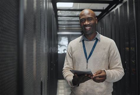 Data Center Tablet Or Black Man Portrait Or Technician For System