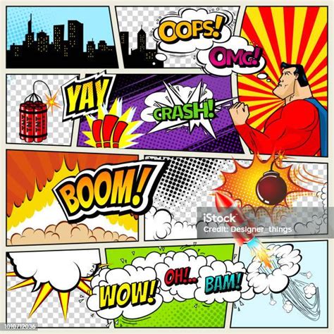 만화 템플릿입니다 벡터 복고 만화 연설 거품 그림입니다 텍스트 음성 Bubbls 기호 컬러 하프톤 배경 및 슈퍼 히어로 대 한 장소를 가진 만화 책 페이지의 모형 슈퍼